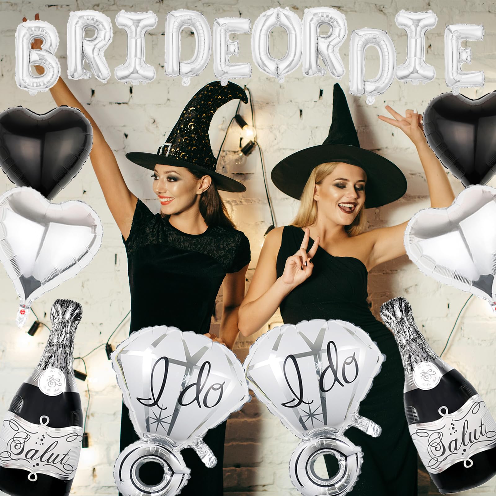 Bachelorette Party Decorations Black and Silver Balloons, Bride or Die Foil Balloons Wine Ballons Diamond Ring Balloons for Bridal Shower Engagement Bachelorette Party Decorations Supplies