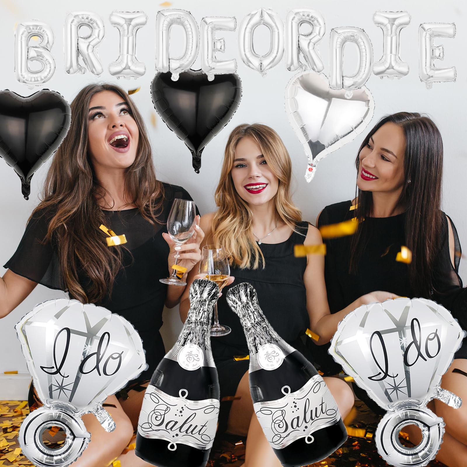 Bachelorette Party Decorations Black and Silver Balloons, Bride or Die Foil Balloons Wine Ballons Diamond Ring Balloons for Bridal Shower Engagement Bachelorette Party Decorations Supplies