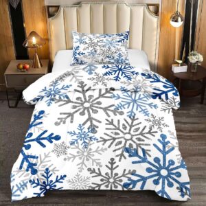 Yilinata Blue Snowflake Comforter Set Winter Christmas Frozen Printed Quilt Bedding Set with 1 Comforter and 2 Pillow Covers for Bedroom Dormroom All Season King 104x90inches