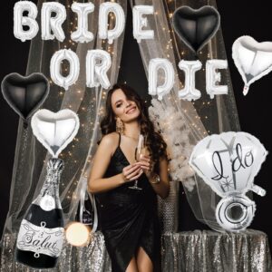 Bachelorette Party Decorations Black and Silver Balloons, Bride or Die Foil Balloons Wine Ballons Diamond Ring Balloons for Bridal Shower Engagement Bachelorette Party Decorations Supplies