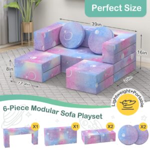 BIERUM Kids Couch, 6PCS Modular Kids Play Couch with Blanket, Kids Sofa Couch with Glow Effects for Playroom & Indoor, Convertible Toddler Couch for Girls and Boys