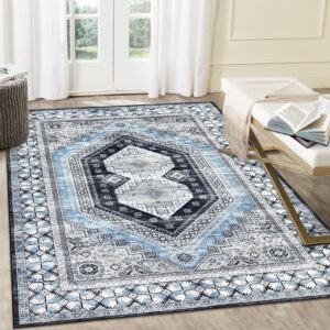 GarveeHome 8x10 Washable Area Rug Boho Living Room Rug Non-Slip Nursery Rug Low-Pile Retro Carpet Print Distressed Rug for for Laundry Dining Room Office, Blue/Grey