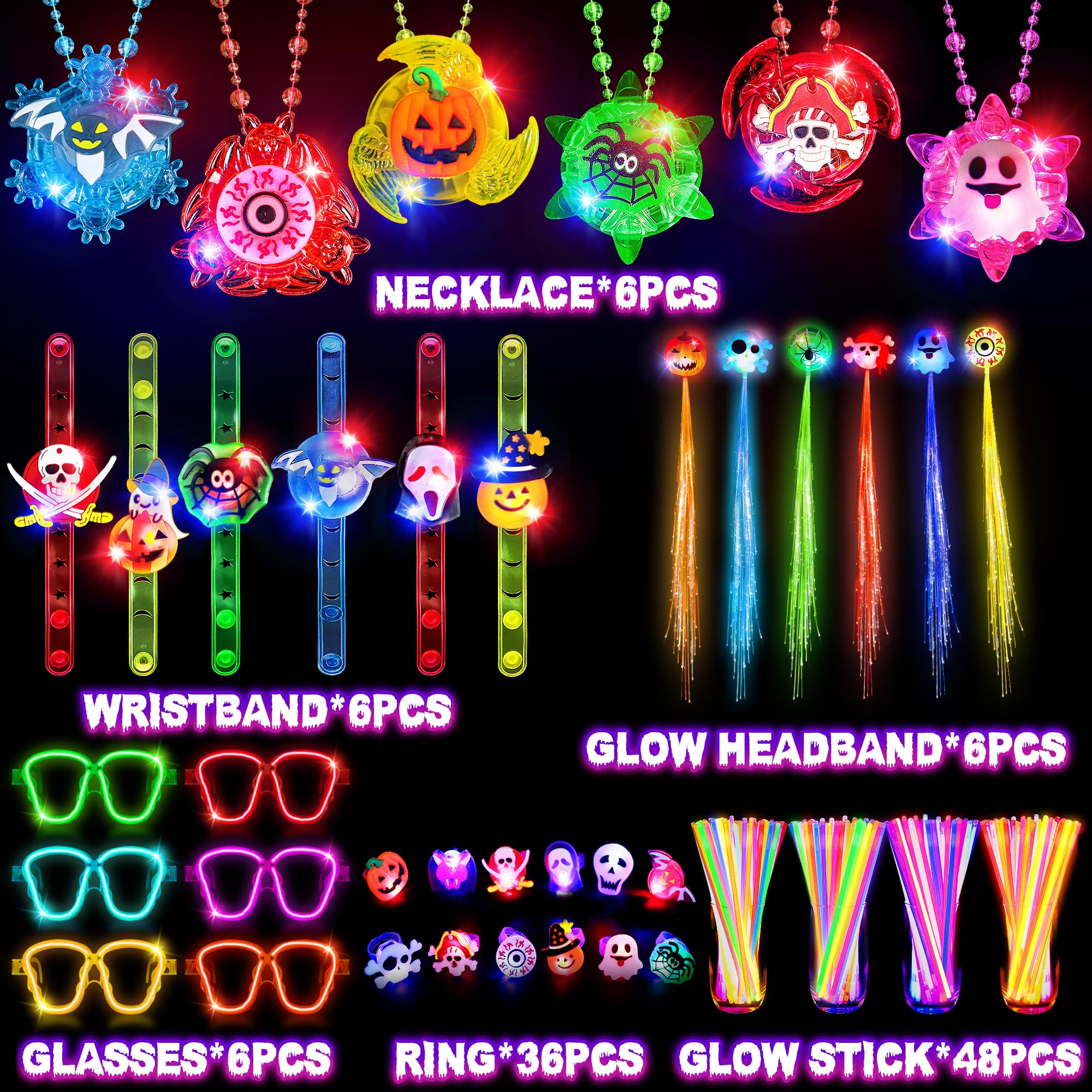 108 Halloween Party Favors Toys for Kids, Light Up Rings Necklaces Halloween Treats Goodie Bag Fillers Pinata Stuffers Classroom Prizes Halloween Glow Sticks Bulk Trick or Treat Toy Non Candy Supplies