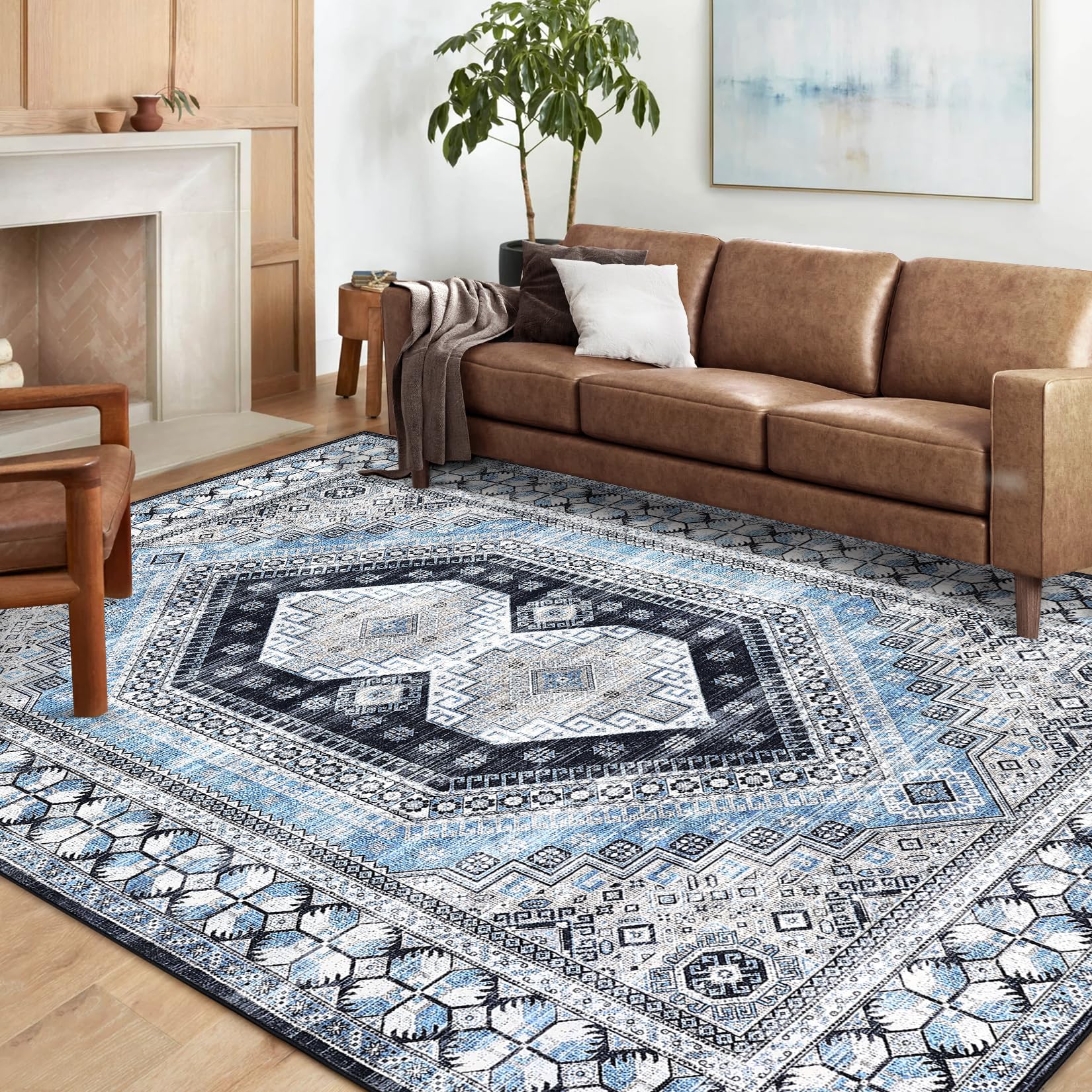 GarveeHome 8x10 Washable Area Rug Boho Living Room Rug Non-Slip Nursery Rug Low-Pile Retro Carpet Print Distressed Rug for for Laundry Dining Room Office, Blue/Grey