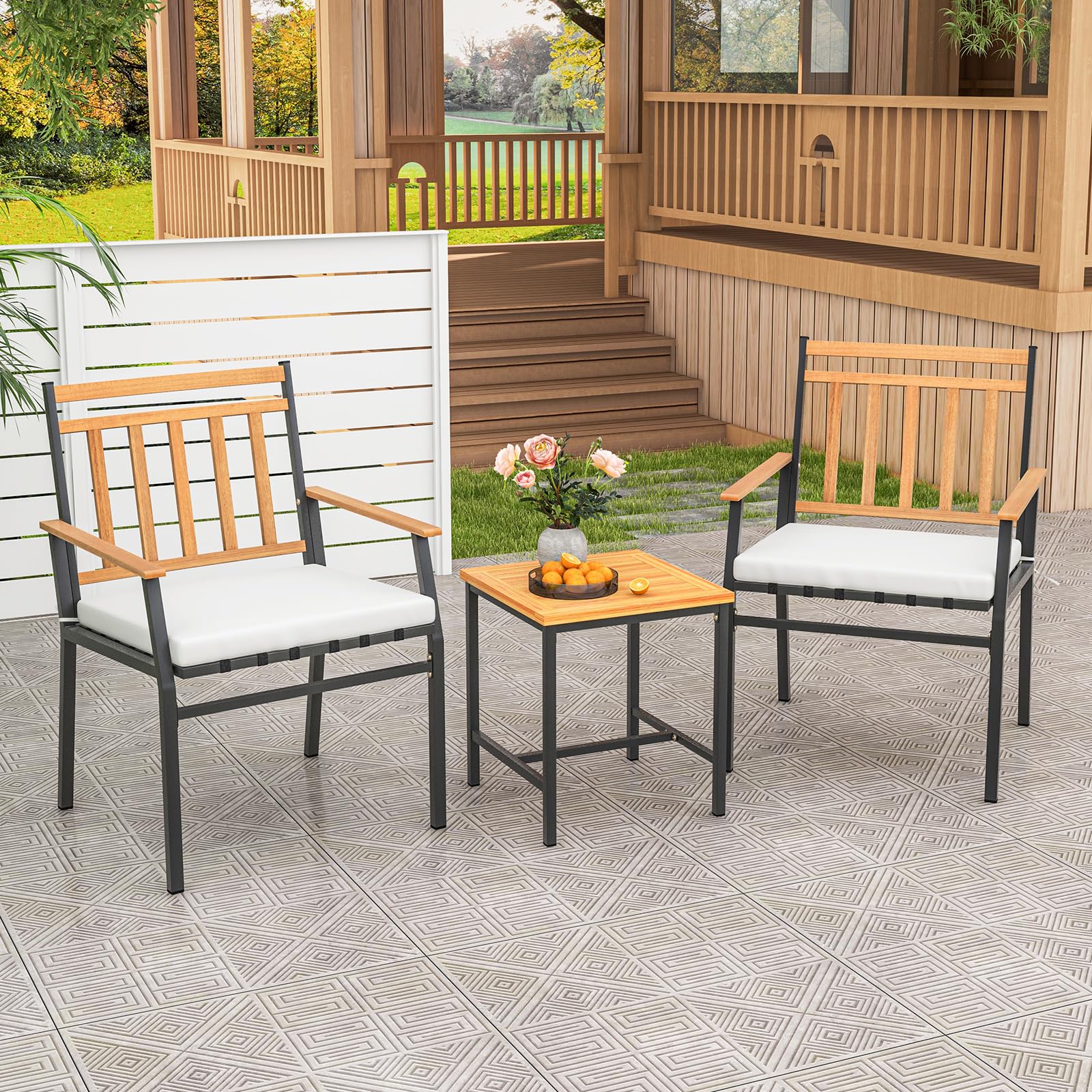 HAPPYGRILL 3 Piece Acacia Wood Patio Bistro Set, Outdoor Chair Set with Coffee Table, Heavy-Duty Metal Frame, Cushions, Outside Furniture Conversation Set for Balcony, Porch, Backyard