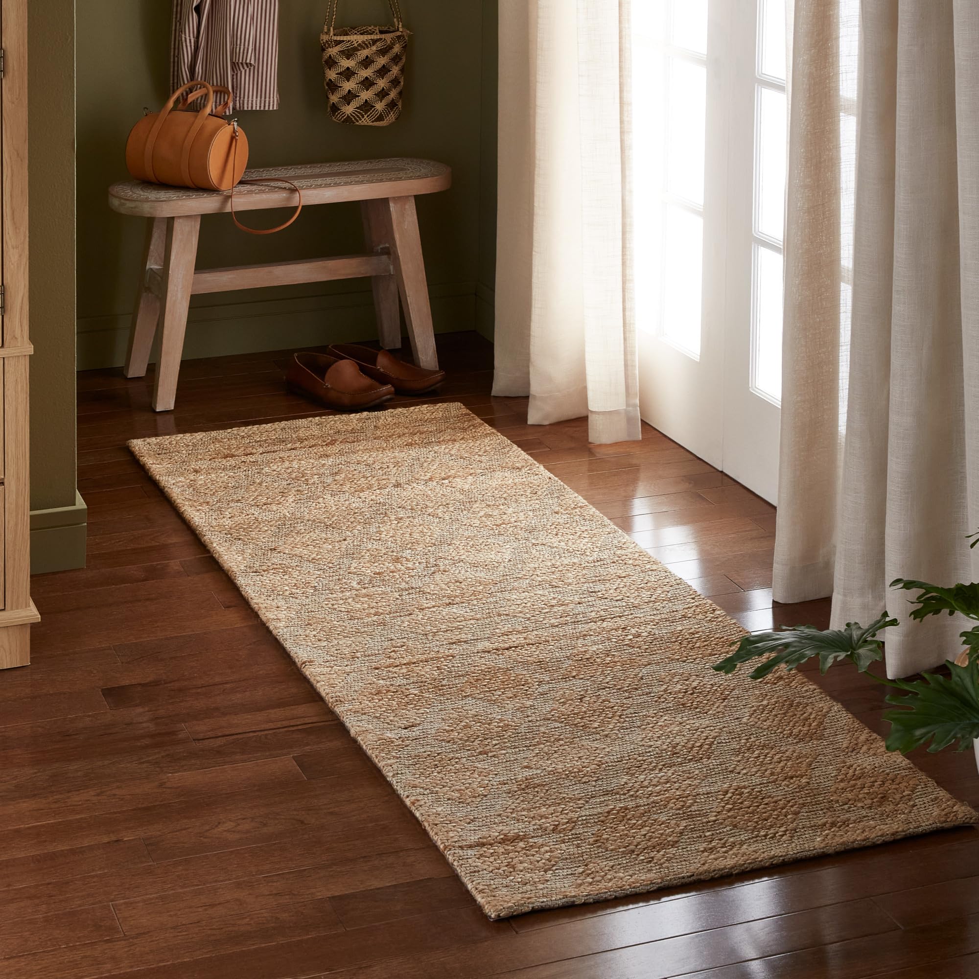 TOWN & COUNTRY TERRA Sol Interwoven Diamond Hand-Knotted Flatwoven 100% Natural Jute Runner Area Rug, Natural, 2'5"x7"