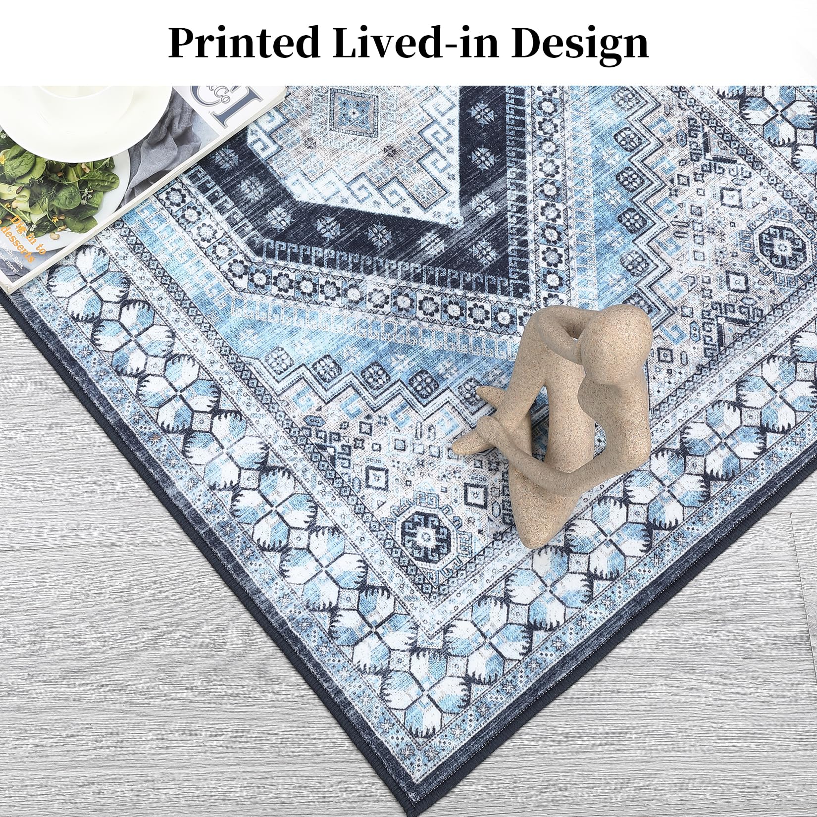 GarveeHome 8x10 Washable Area Rug Boho Living Room Rug Non-Slip Nursery Rug Low-Pile Retro Carpet Print Distressed Rug for for Laundry Dining Room Office, Blue/Grey