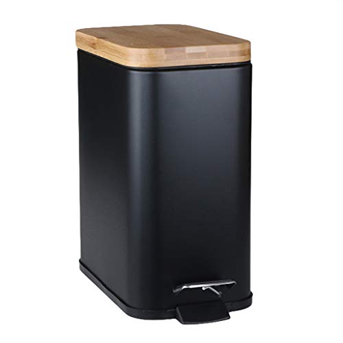 KASFDBMO Step Trash Can Garbage Rubbish Bin With Bamboo Lid Waste Container Bathroom Kitchen Office Decor, Black