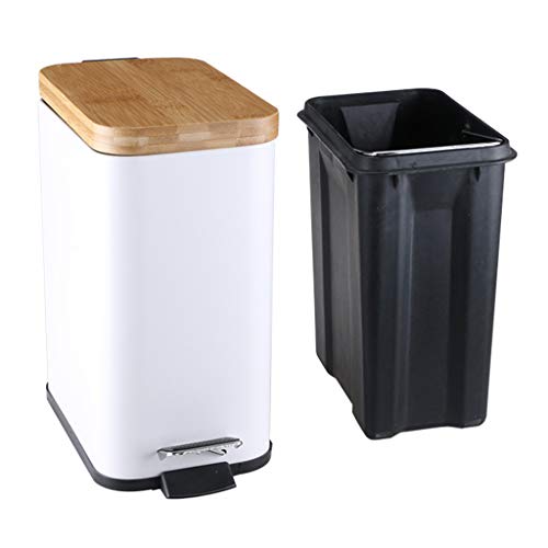 KASFDBMO Step Trash Can Garbage Rubbish Bin With Bamboo Lid Waste Container Bathroom Kitchen Office Decor, Black