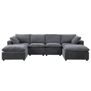 U-Shaped Chenille Upholstered Modular Sectional Sofa Oversized Deep Seat Reversible Chaises Cloud Couch Convertible Living Room Sleeper Sofabed with Movable Ottomans for Home, Apartment