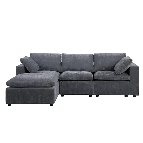 L-Shaped Convertible Modular Sectional Sofa, Modern Reversible Chaises Chenille Upholstered Cloud Couch Sleeper Foam Sofá with Movable Ottoman for Home, Apartment Living Room