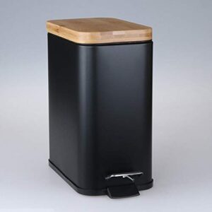 KASFDBMO Step Trash Can Garbage Rubbish Bin With Bamboo Lid Waste Container Bathroom Kitchen Office Decor, Black