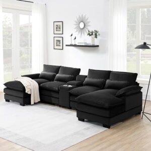 acosure 123" l modern u-shaped sofa with double cushions & 4 waist pillows,6-seat upholstered symmetrical sleeper couch set w/chaise & console,cupholders & usb ports,for living room,apartment,black