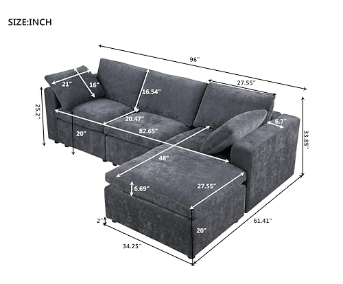 L-Shaped Convertible Modular Sectional Sofa, Modern Reversible Chaises Chenille Upholstered Cloud Couch Sleeper Foam Sofá with Movable Ottoman for Home, Apartment Living Room