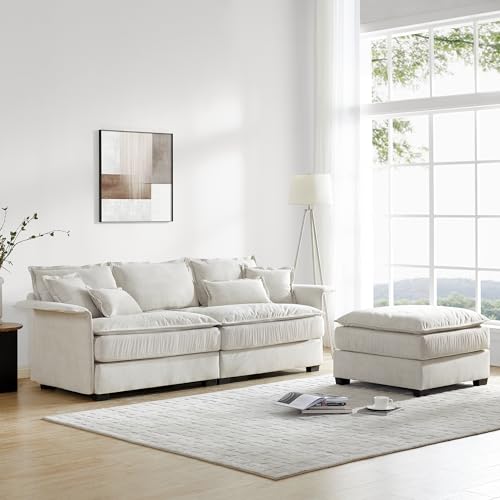 Acosure 95" L Oversized Luxury Sectional Sofa with Bentwood Armrests & Ottoman,4 seat Upholstered L-Shape Couch W/Double Cushions & 4 Waist Pillows,Indoor Furniture for Living Room Apartment,Beige