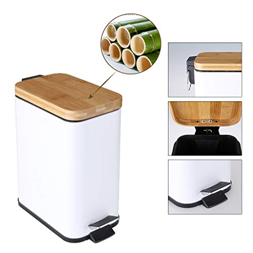 KASFDBMO Step Trash Can Garbage Rubbish Bin With Bamboo Lid Waste Container Bathroom Kitchen Office Decor, Black