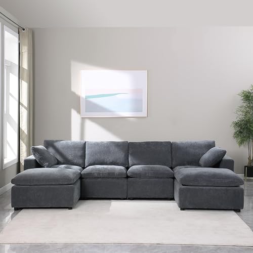 U-Shaped Chenille Upholstered Modular Sectional Sofa Oversized Deep Seat Reversible Chaises Cloud Couch Convertible Living Room Sleeper Sofabed with Movable Ottomans for Home, Apartment