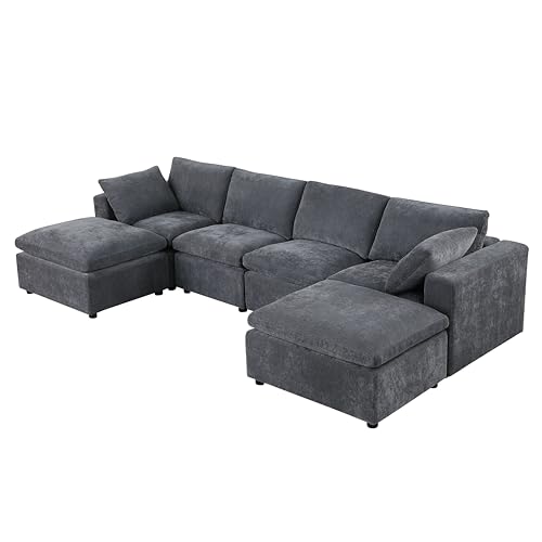 U-Shaped Chenille Upholstered Modular Sectional Sofa Oversized Deep Seat Reversible Chaises Cloud Couch Convertible Living Room Sleeper Sofabed with Movable Ottomans for Home, Apartment