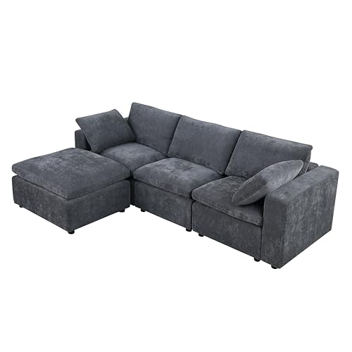 L-Shaped Convertible Modular Sectional Sofa, Modern Reversible Chaises Chenille Upholstered Cloud Couch Sleeper Foam Sofá with Movable Ottoman for Home, Apartment Living Room