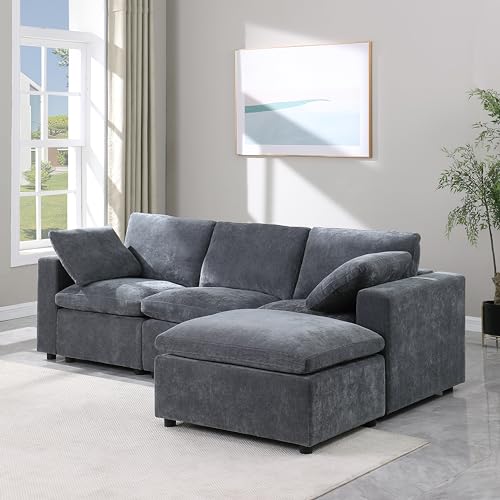 L-Shaped Convertible Modular Sectional Sofa, Modern Reversible Chaises Chenille Upholstered Cloud Couch Sleeper Foam Sofá with Movable Ottoman for Home, Apartment Living Room