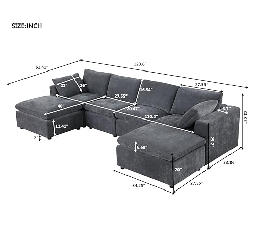 U-Shaped Chenille Upholstered Modular Sectional Sofa Oversized Deep Seat Reversible Chaises Cloud Couch Convertible Living Room Sleeper Sofabed with Movable Ottomans for Home, Apartment