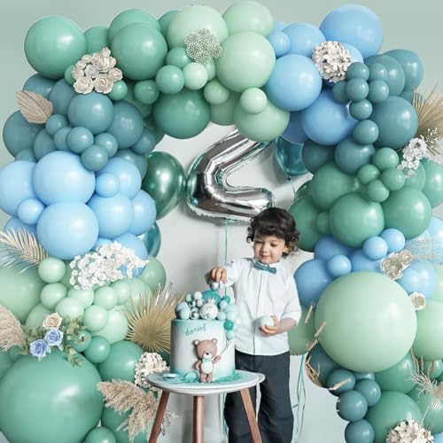 Dusty Green and Blue Balloon Arch Kit, 116pcs Slate Light Blue Sage Green Balloons Garland, Pastel Olive Blue Baby Green Balloon for Boys Girls Birthday Wedding Baby Bridal Shower Party Decorations