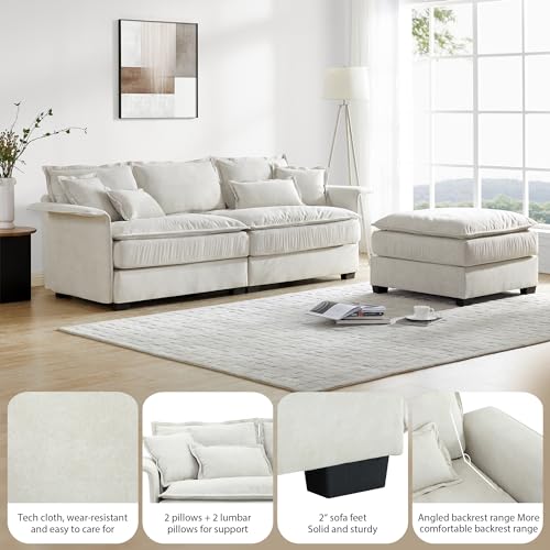 Acosure 95" L Oversized Luxury Sectional Sofa with Bentwood Armrests & Ottoman,4 seat Upholstered L-Shape Couch W/Double Cushions & 4 Waist Pillows,Indoor Furniture for Living Room Apartment,Beige