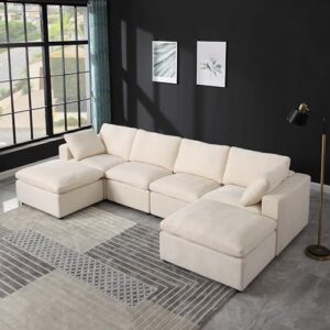 u-shaped oversized chenille upholstered modular sectional sofa modern reversible chaises cloud couch convertible living room sleeper sofabed with movable ottomans for home, apartment