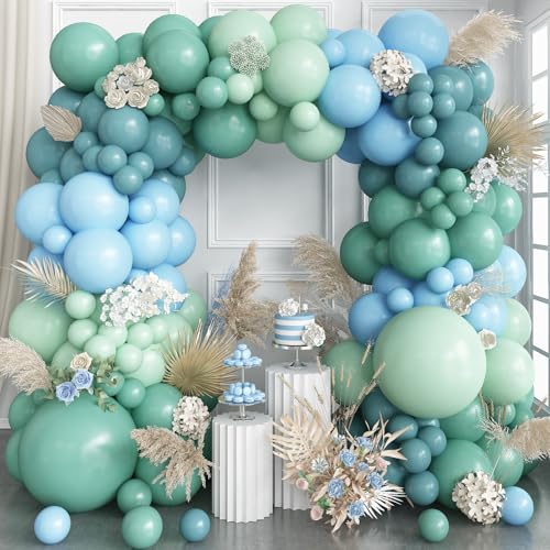 Dusty Green and Blue Balloon Arch Kit, 116pcs Slate Light Blue Sage Green Balloons Garland, Pastel Olive Blue Baby Green Balloon for Boys Girls Birthday Wedding Baby Bridal Shower Party Decorations