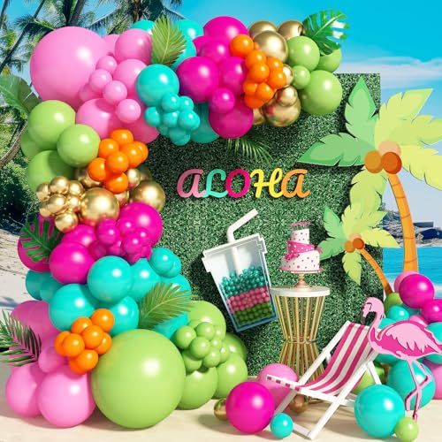 138pcs Flamingo Tropical Luau Balloons Arch Garland Kit, Olive Green and Hot Pink Orange Gold Hawaiian Balloons for Kids Summer Beach Aloha Pool Birthday Baby Shower Party Decorations Supplies