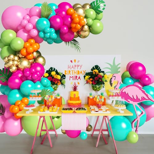 138pcs Flamingo Tropical Luau Balloons Arch Garland Kit, Olive Green and Hot Pink Orange Gold Hawaiian Balloons for Kids Summer Beach Aloha Pool Birthday Baby Shower Party Decorations Supplies