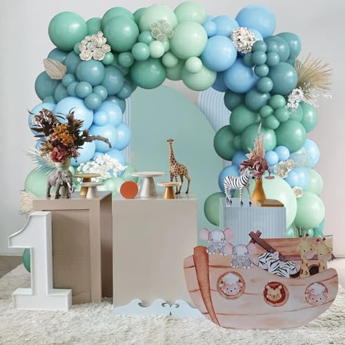 Dusty Green and Blue Balloon Arch Kit, 116pcs Slate Light Blue Sage Green Balloons Garland, Pastel Olive Blue Baby Green Balloon for Boys Girls Birthday Wedding Baby Bridal Shower Party Decorations