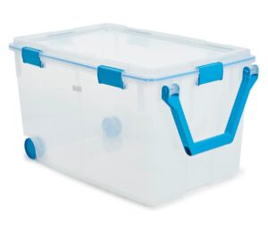 plexon wheeled gasket box, latches locking, plastic, blue, ergonomic handle, 120 qt, 16.75 in. h x 19.62 in. w x 30.25 in. d, made in usa