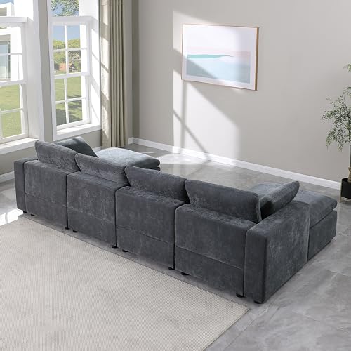 U-Shaped Chenille Upholstered Modular Sectional Sofa Oversized Deep Seat Reversible Chaises Cloud Couch Convertible Living Room Sleeper Sofabed with Movable Ottomans for Home, Apartment