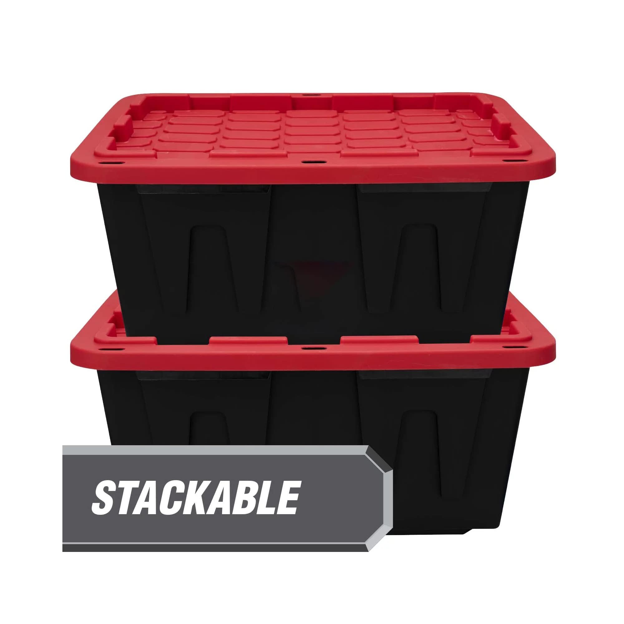 DqOasd 27 Gallon Plastic Storage Bin Tote Organizing Container With Durable Lid and Secure Latching Buckles, Stackable and Nestable Snap Lid Plastic Storage Bin, 1 Pack, Black Base/Red Lid