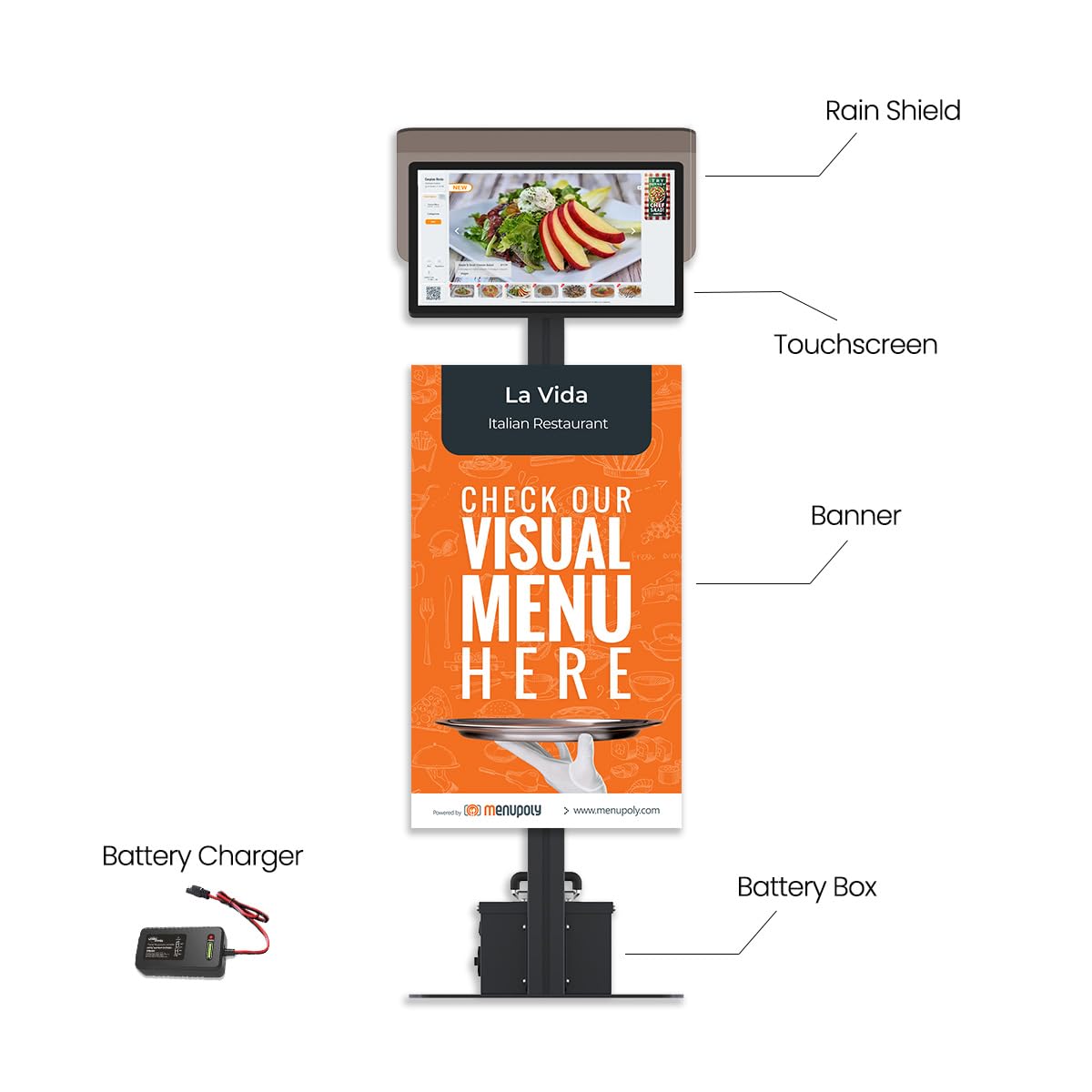 MENUPOLY Portable Stand Display, 15.6" Touchscreen, Built-in Battery, Indoor/Outdoor Use, Android OS, WiFi, Plug & Play, Digital Signage Software Ready, Online Content Management