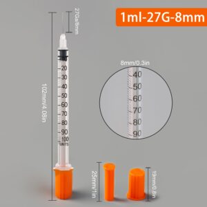 U-100 27G 1cc Syringes with 5/16 Inch-8mm Accurate Measuring for Liquid Individually Sealed Packaging (20Pack)