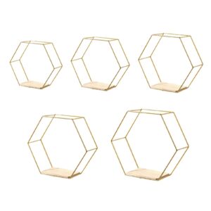 mycense 5pcs hexagon iron wall shelves floating shelf, bathroom wall decoration organizer, storage rack for books artworks display, golden