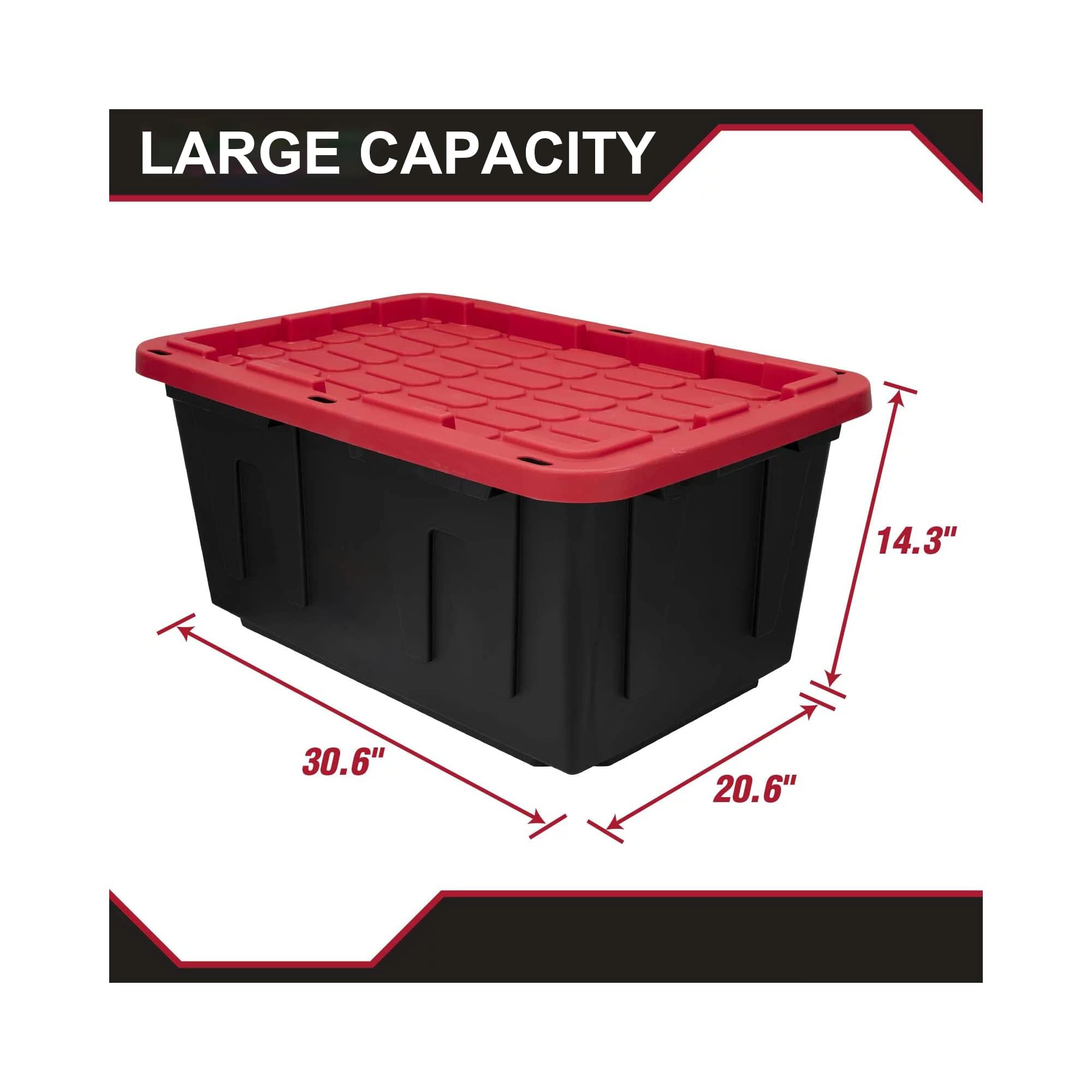 DqOasd 27 Gallon Plastic Storage Bin Tote Organizing Container With Durable Lid and Secure Latching Buckles, Stackable and Nestable Snap Lid Plastic Storage Bin, 1 Pack, Black Base/Red Lid