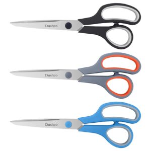 scissors, dushco 8.5 inch multipurpose scissors bulk set of 3 pack, ultra durable and sharp 2.5mm thick scissors for office home school sewing fabric craft supplies, soft comfort-grip right/left hand