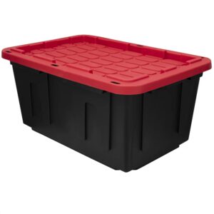 dqoasd 27 gallon plastic storage bin tote organizing container with durable lid and secure latching buckles, stackable and nestable snap lid plastic storage bin, 1 pack, black base/red lid