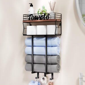 HapiRm Towel Rack Wall Mounted - Bathroom Towel Holder with Metal Storage Basket, Rolled Towel Storage with Wood Shelf, Bath Towel Organizer with 3 Hooks for Small Bathroom (Black)