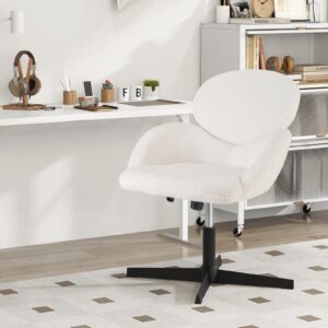 Giantex Criss Cross Chair, Faux Fur Cross Legged Desk Chair No Wheels w/Arms, Height Adjustable Upholstered Vanity Chair, Swivel Accent Chair for Living Room, Home Office, Bedroom, Make Up, White