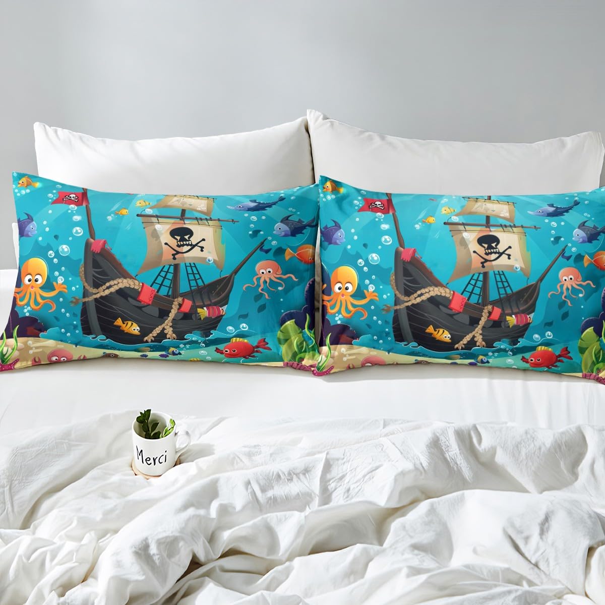 Cartoon Pirate Ship Fitted Sheet Twin Size Marine Adventure Bedding Set Girls Boys Adults Underwater Fish Bed Cover Cute Octopus Jellyfish Bed Sheet,1 Pillowcase