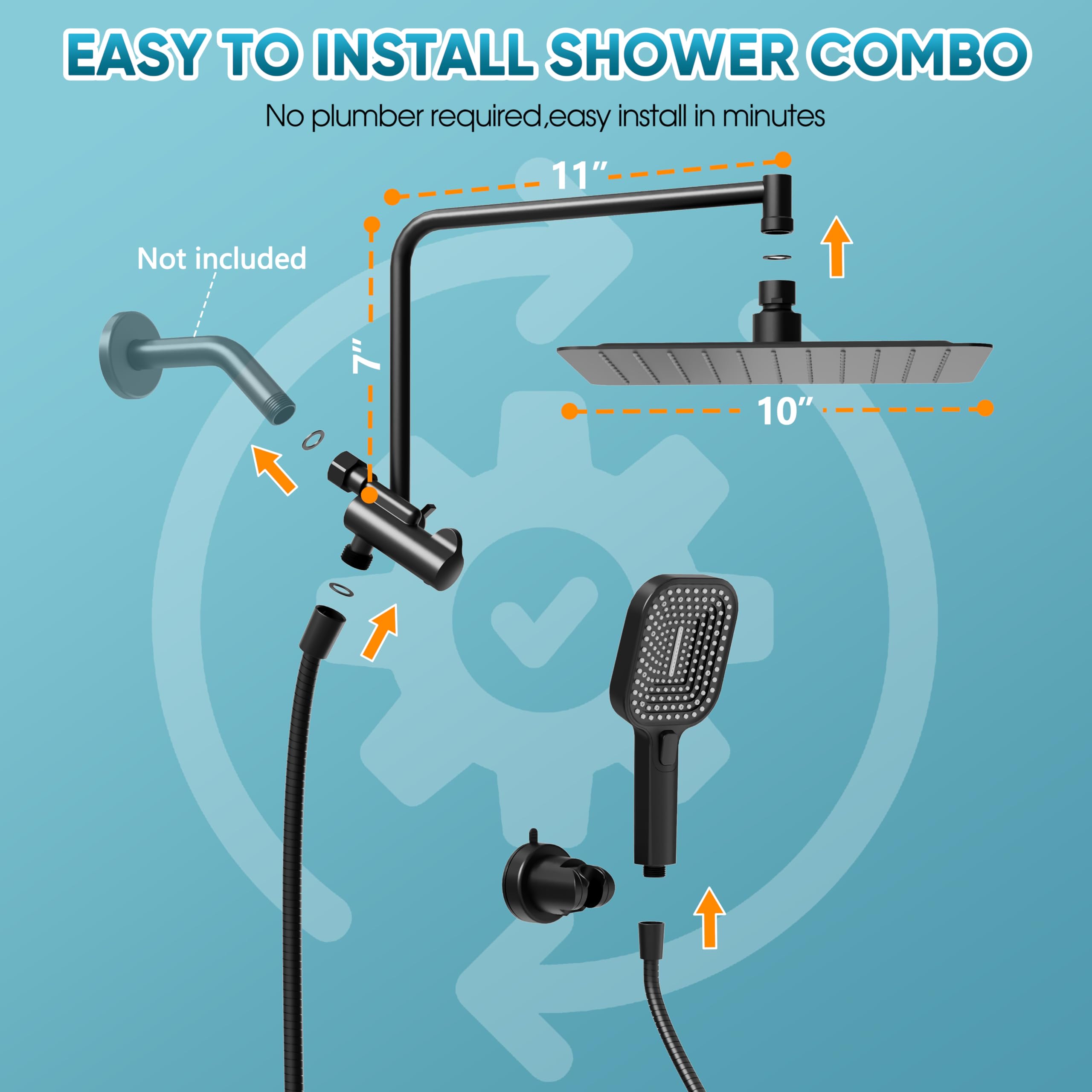 Esnbia Rain Shower Heads with Handheld Spray Combo, 10 Inch High Pressure Rainfall Shower Head with 11" Extension Arm, 3 Setting Handheld Shower Head with Suction Cup Shower Holder, Matte Black