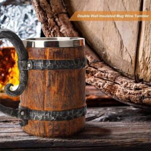 LAUGOKOBE Wooden Barrel Beer Mug, Large Viking Cup Wood Style Beer Stein with Handle, Double Wall Stainless Steel Tankard Mug, Antique gifts for Men Bar Restaurant Renaissance Accessories