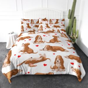 arightex 3 pieces small basset hound pattern duvet cover set king size ultra-soft cute dogs red heart print bedding set 1 duvet cover and 2 pillowcases