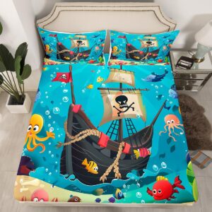 cartoon pirate ship fitted sheet twin size marine adventure bedding set girls boys adults underwater fish bed cover cute octopus jellyfish bed sheet,1 pillowcase