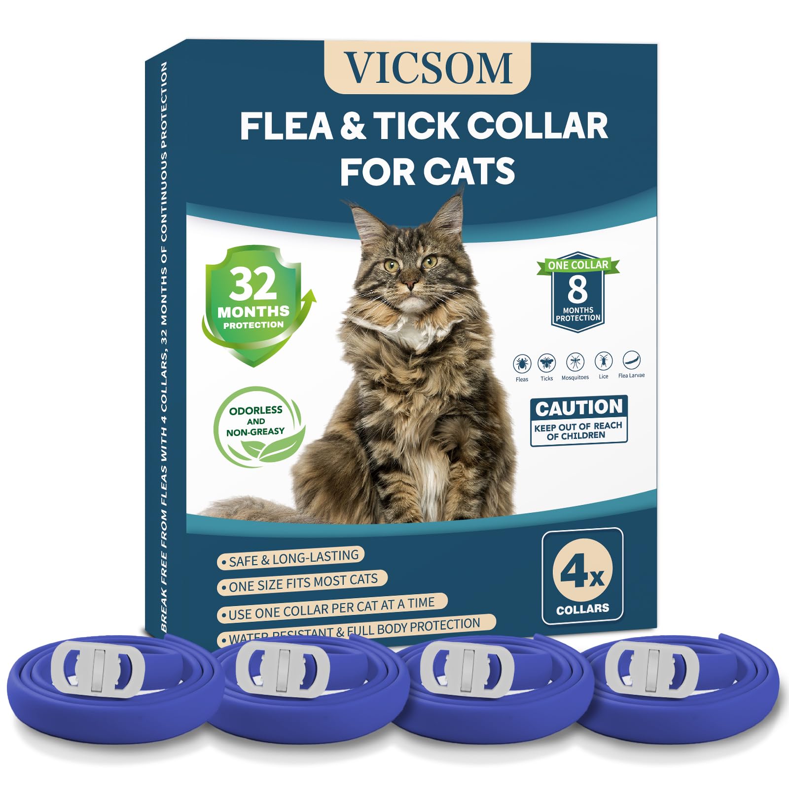 VICSOM 4 Pack Cat Flea Collar - Adjustable, Waterproof Flea and Tick Prevention for Cats and Kittens - 32 Months Protection - Flea and Tick Treatment - Blue