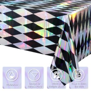 3 Pack Black and Iridescent Diamond Checkered Plastic Tablecloths, Black Gingham Plastic Table Cover, Holographic Foil Rectangle Tablecloth for Wonderland Picnic Camping Oktoberfest Party, 54x108 Inch